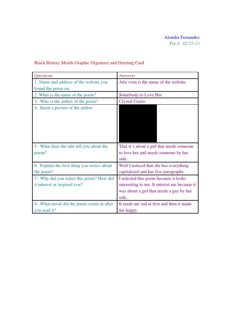 Black History Month Graphic Organizer and Greeting Card: Questions ...