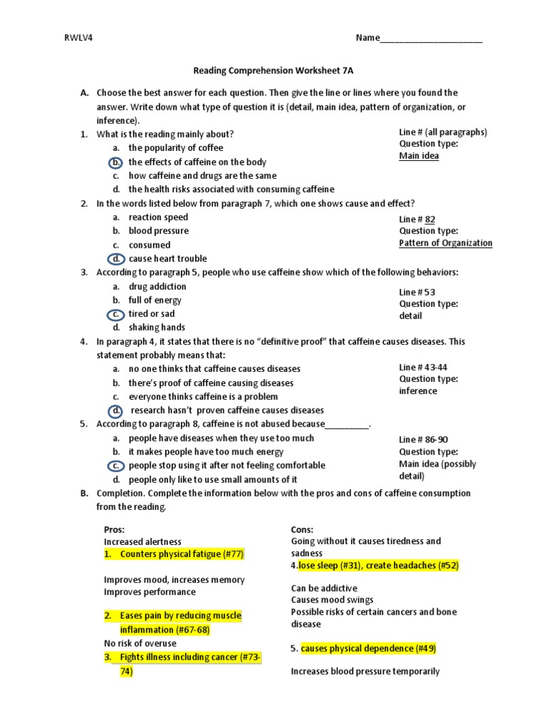 Caffeine Reading Comprehension Worksheet | PDF | Caffeine | Medical ...