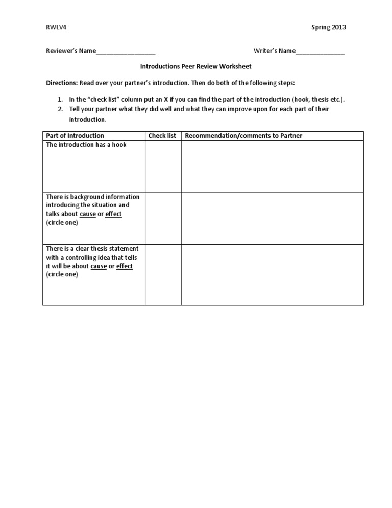 Peer Review Worksheet for Introductions | PDF | Career & Growth