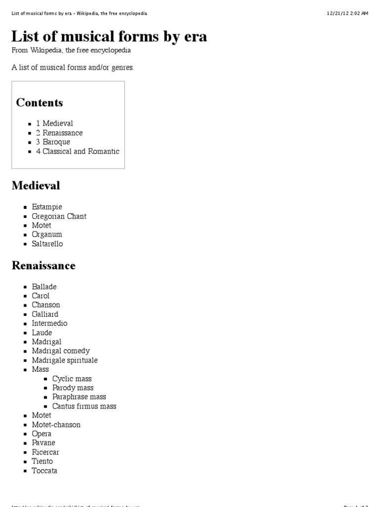 List of Musical Forms by Era - Wikipedia, The Free Encyclopedia | PDF ...