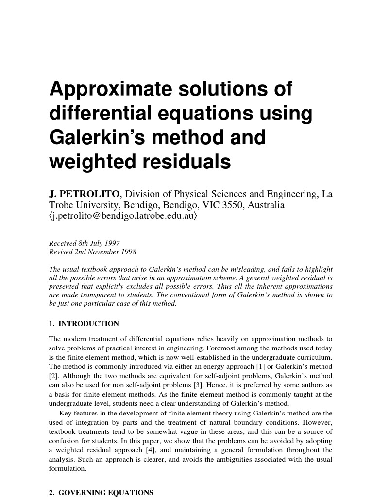 Approximate Solutions of Differential Equations Using Galerkin's Method and Weighted Residuals ...