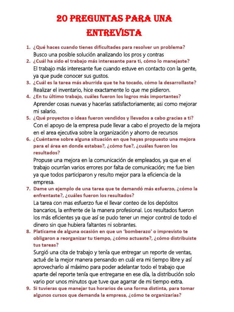 20 Preguntas para Una Entrevista | PDF | Toma de decisiones | Conocimiento