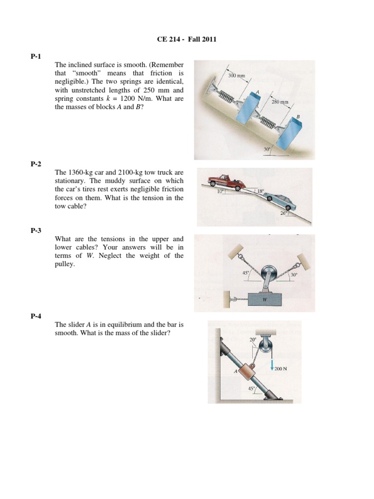 Statics Problem Set for CE 214 | PDF | Force | Mass