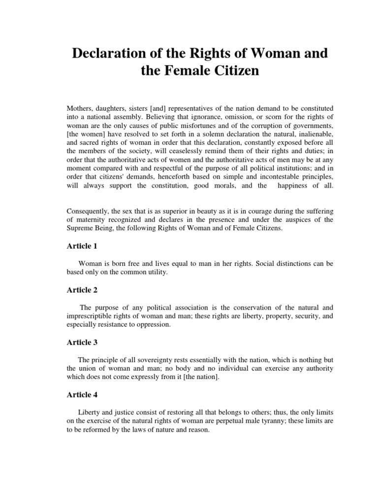 Declaration of The Right of Women and The Female Citizen | PDF ...