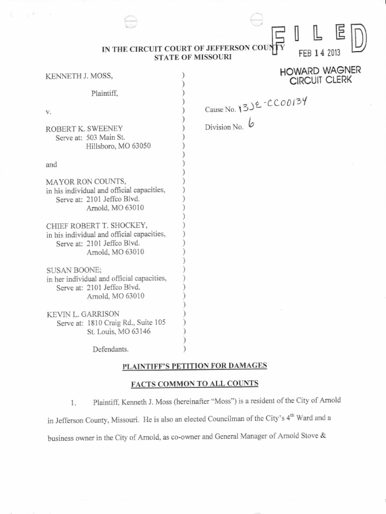 Ken Moss Lawsuit vs. Arnold Officials | PDF | Damages | Defamation