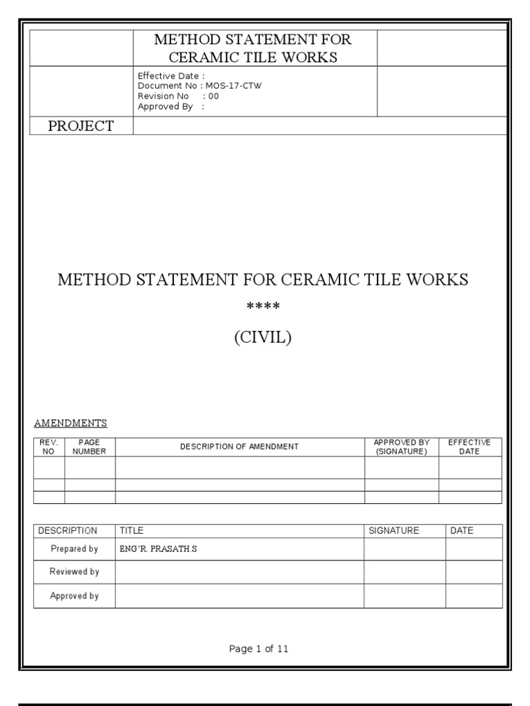Ceramic Tile Works Method Statement | PDF | Personal Protective ...