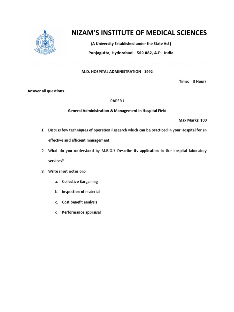 Hospital Administration Exam Papers 1992-1996 | PDF | Hospital | Medicine
