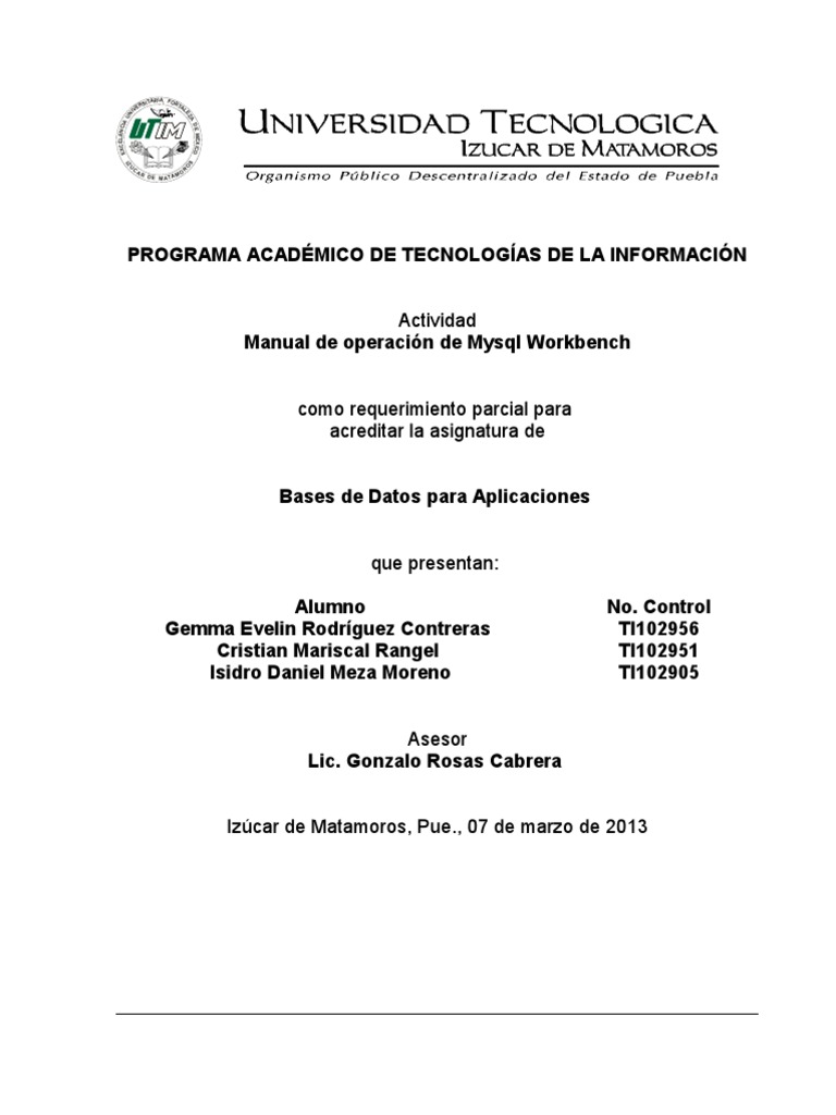 Manual de Operacion de Mysql Workbench | PDF | Tabla (base de datos) | Mi sql