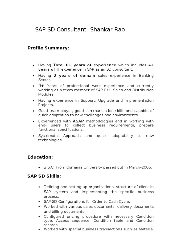 SAP SD Consultant | Business Process | Consultant