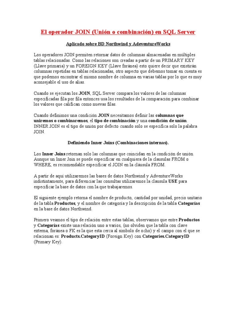 El Operador Join SQL Server | Descargar gratis PDF | Tabla (base de datos) | Gestión de ...