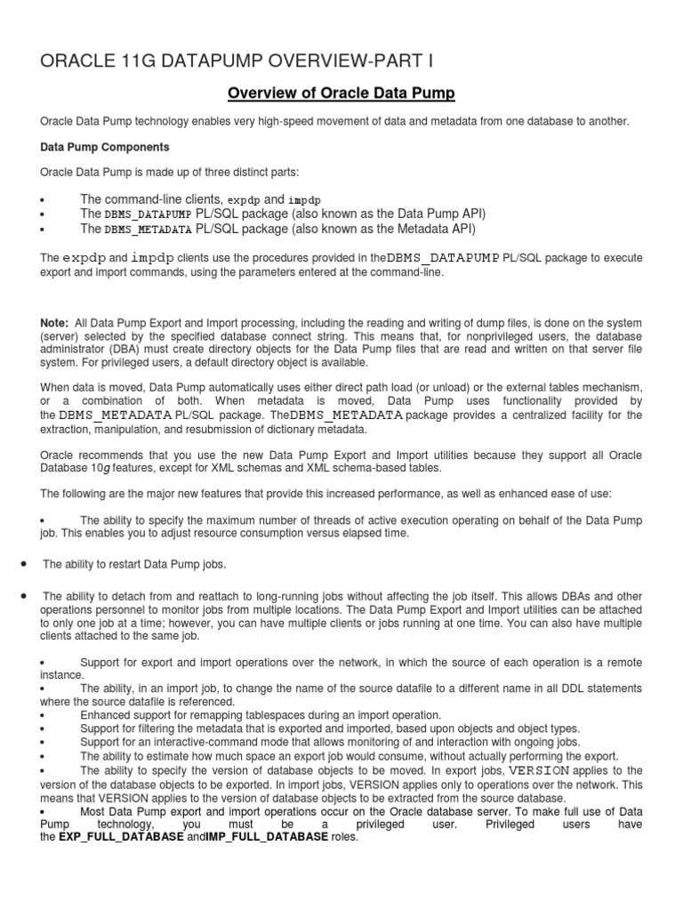Oracle 11G Datapump Overview-Part I | PDF | Oracle Database | Command Line Interface