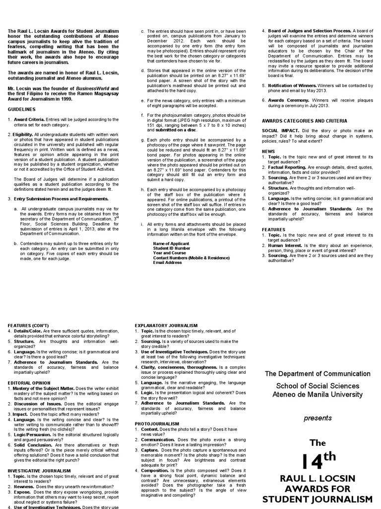 Locsin Awards For Student Journalism - Informational Brochure | PDF ...