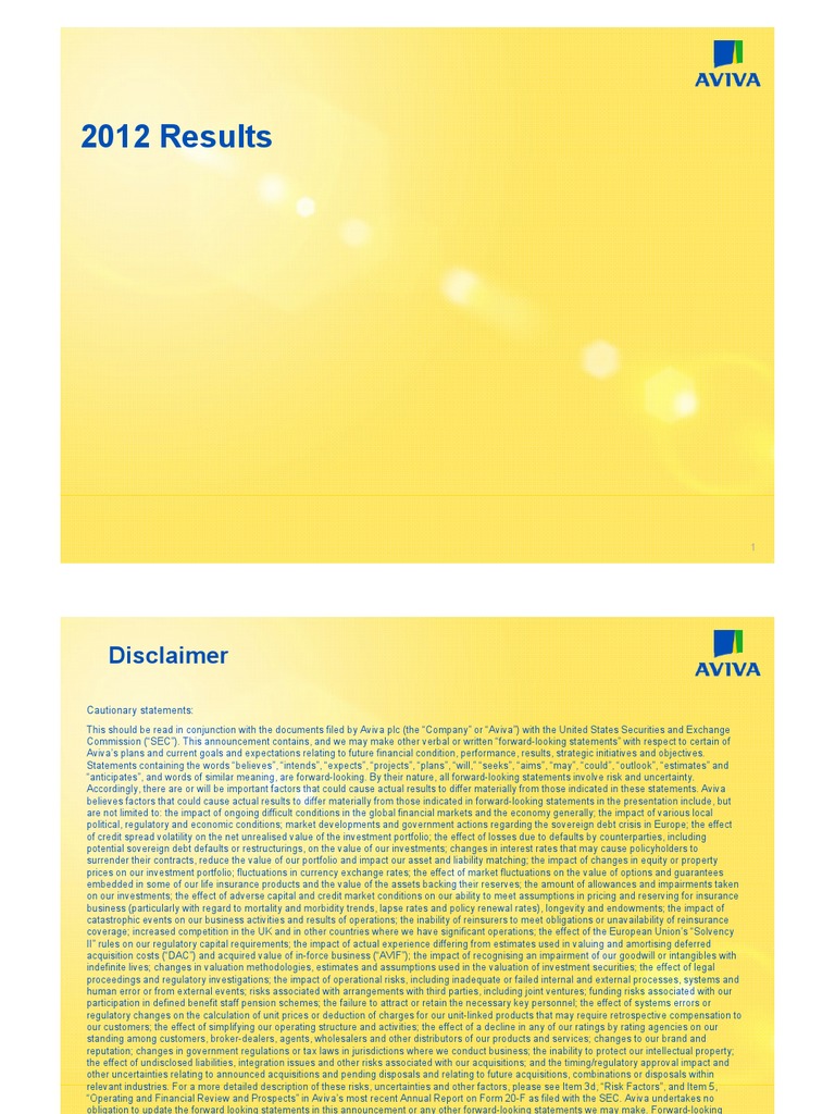 Aviva 2012 Full Year Results Presentation | PDF | Dividend | Mergers And Acquisitions