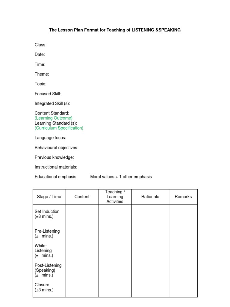 The Lesson Plan Format for Teaching of LISTENING &SPEAKING | PDF ...