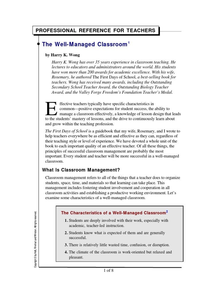 Harry Wong Reading | Classroom Management | Teachers