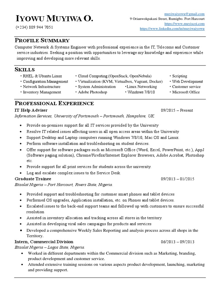 Muyiwa Olabode Iyowu Curriculum Vitae | PDF | Microsoft Office | System Administrator