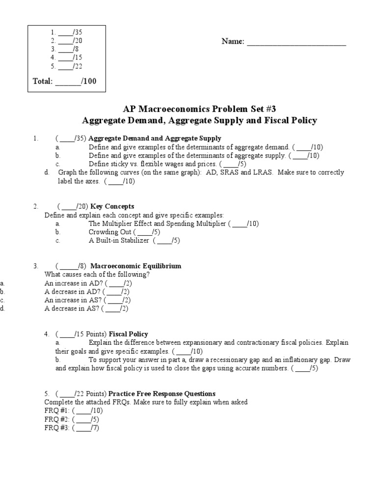 AP Macroeconomics Unit 3 Problem Set | PDF | Supply (Economics) | Full ...
