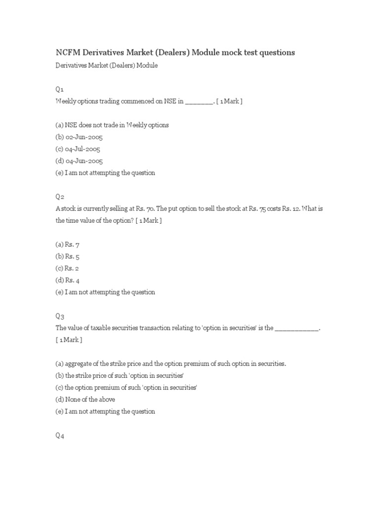 NCFM Derivatives Market (Dealers) Module Mock Test Questions | PDF