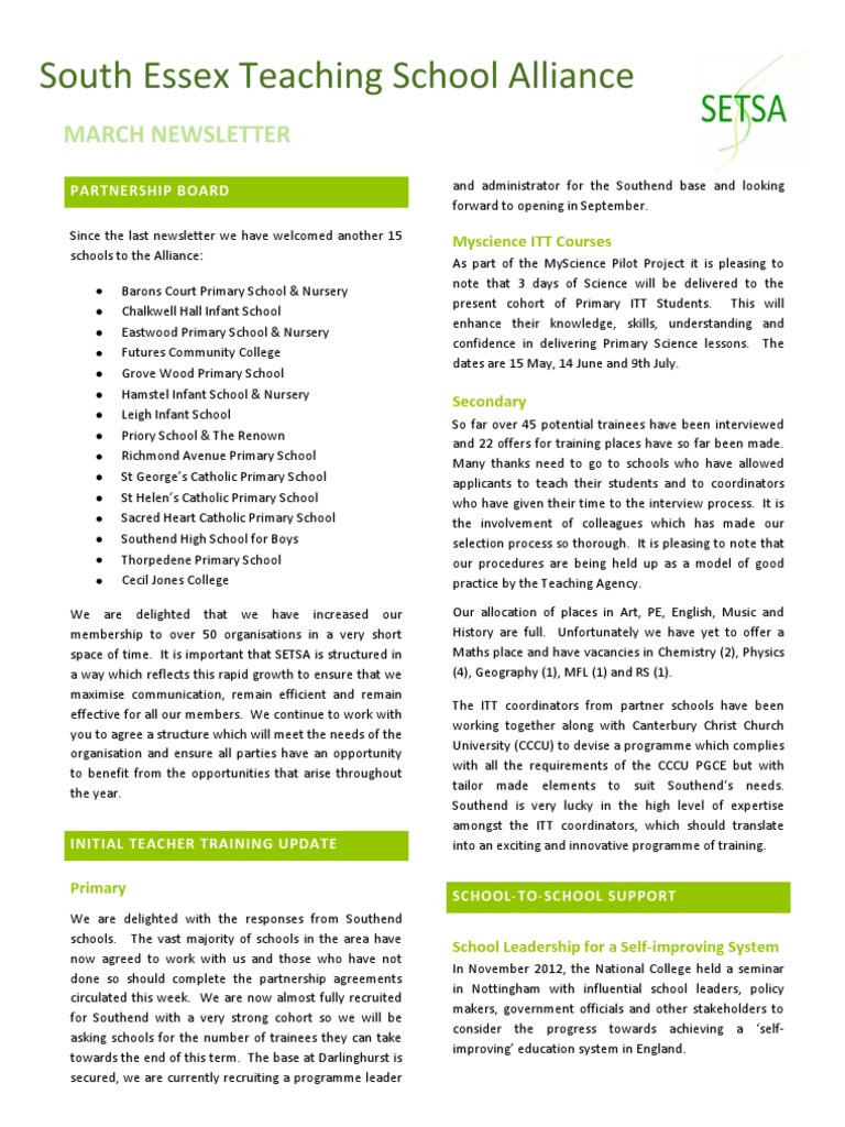 SETSA March Update for Schools | PDF | Mentorship | Teachers