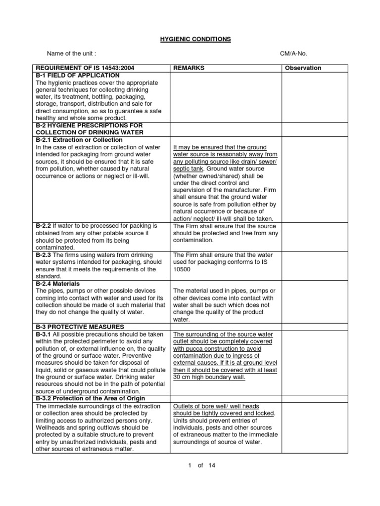 Proforma For Hygienic Conditions Preliminary Inspection | PDF | Hygiene ...