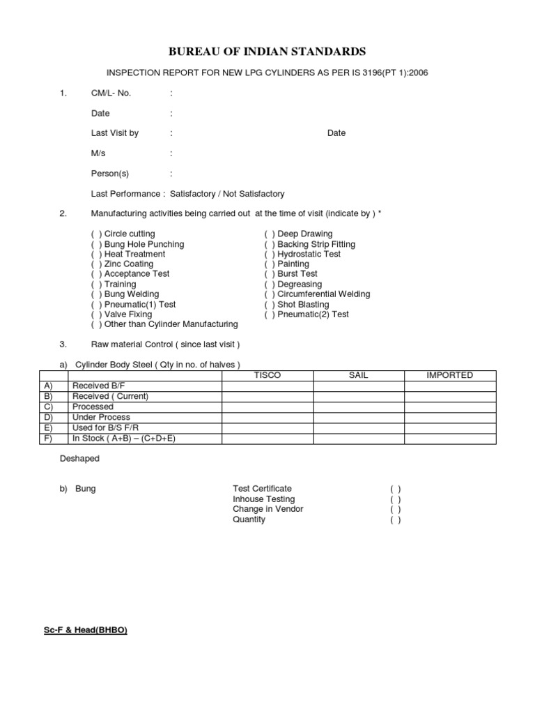 Lot Inspection Report for LPG New Cylinders | Mechanical Engineering ...