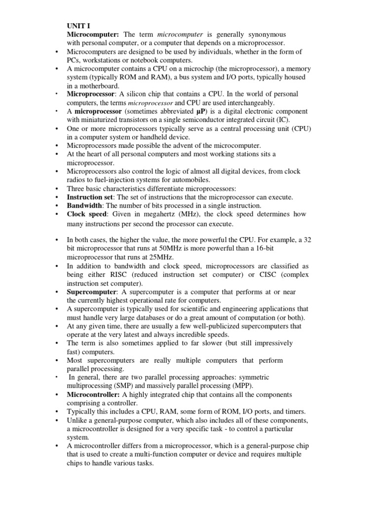 Unit I Microcomputer: The Term Microcomputer Is Generally Synonymous | PDF