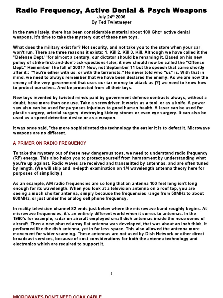 Radio Frequency Active Denial & Psych Weapons | PDF | Microwave ...