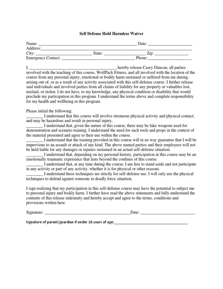Self Defense Hold Harmless Waiver | PDF | Self Defense | Indemnity