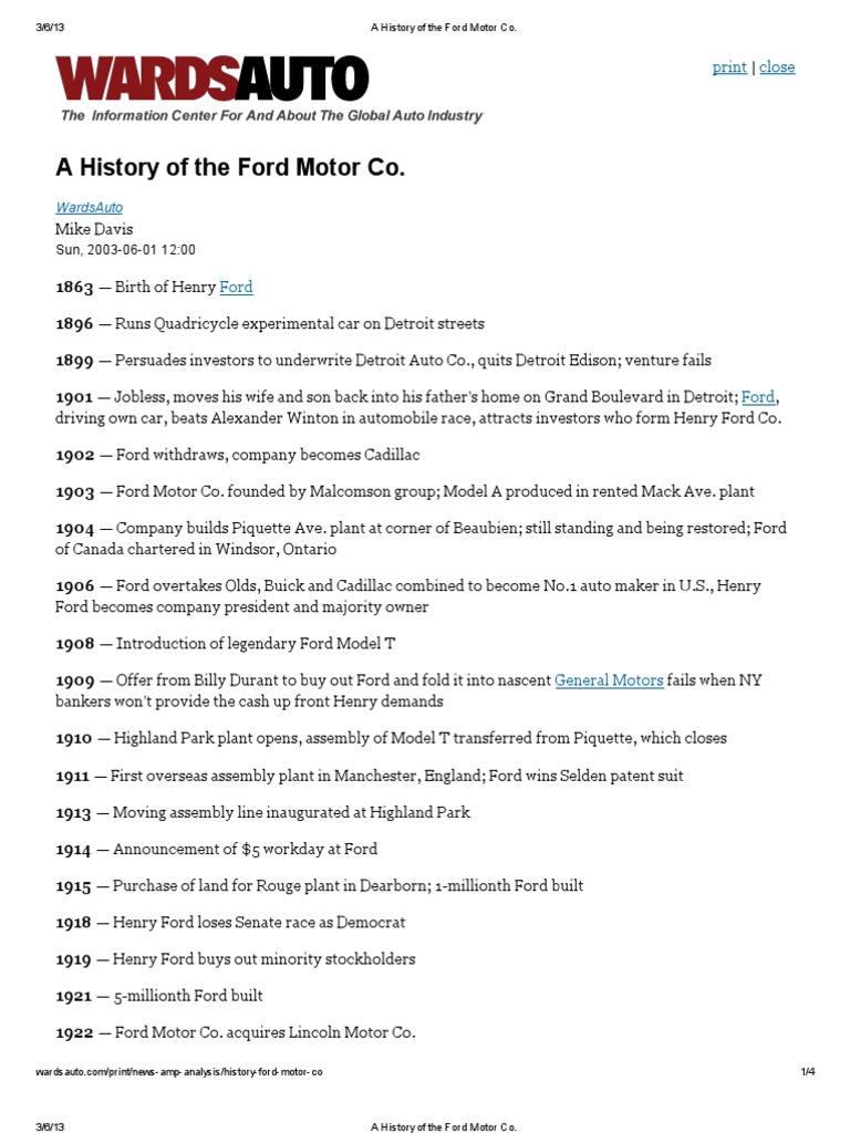 Timeline of Ford Motor Company History | PDF | Ford Motor Company ...