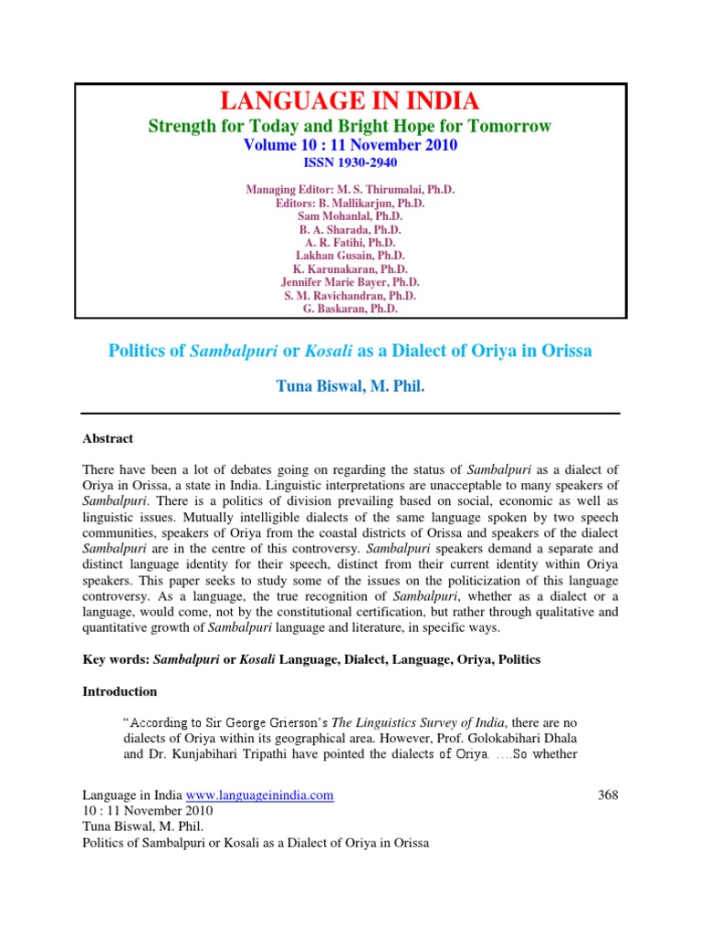 Politics of Sambalpuri or Kosali As A Dialect of Oriya in Orissa | PDF ...