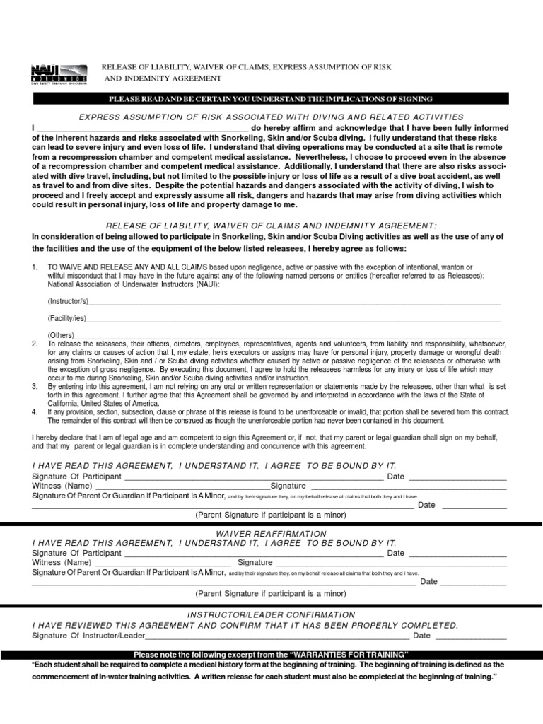 NAUI Waiver and Release Form | PDF | Scuba Diving | Risk
