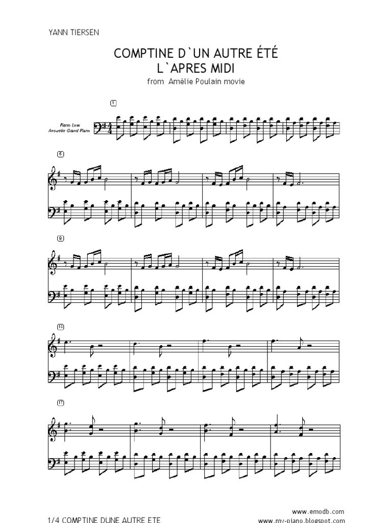 Comptine D Un Autre Ete Die Fabelhafte Welt Der Amelie Piano Sheet ...
