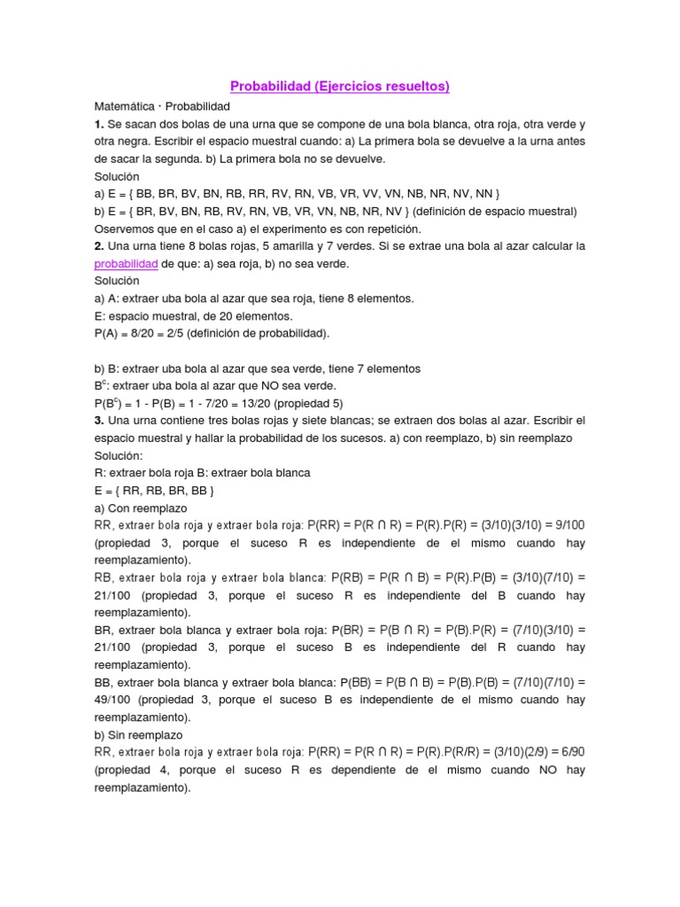 Resolución de ejercicios de probabilidad con cálculo de espacios muestrales y probabilidades de ...