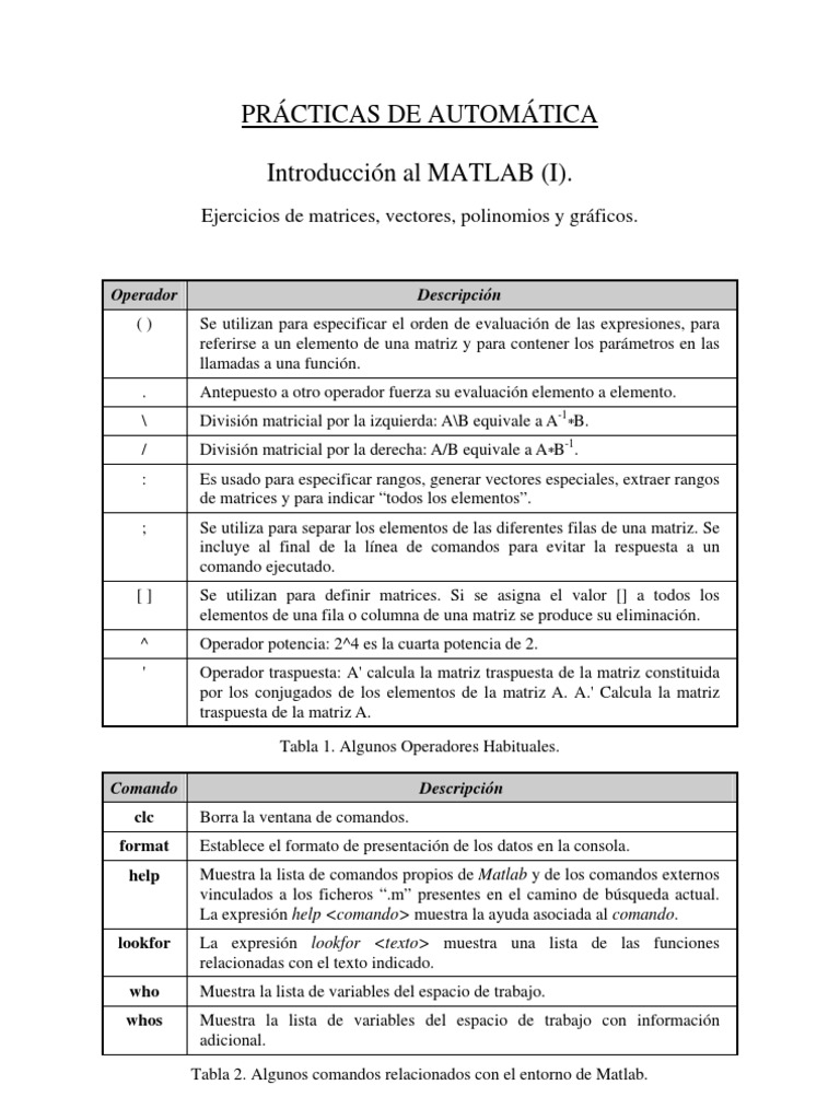 Practica 1 - Introduccion Al Matlab | PDF | Matriz (Matemáticas ...