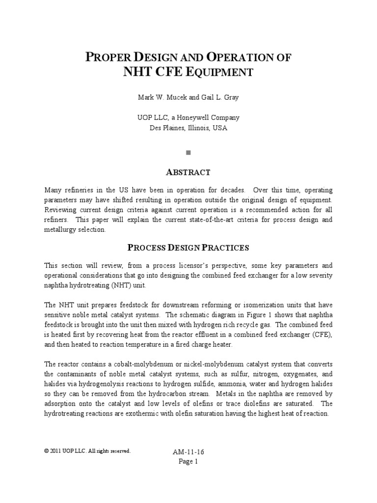 UOP Proper Design NHT Combined Feed Exchanger Equipment Paper | PDF ...