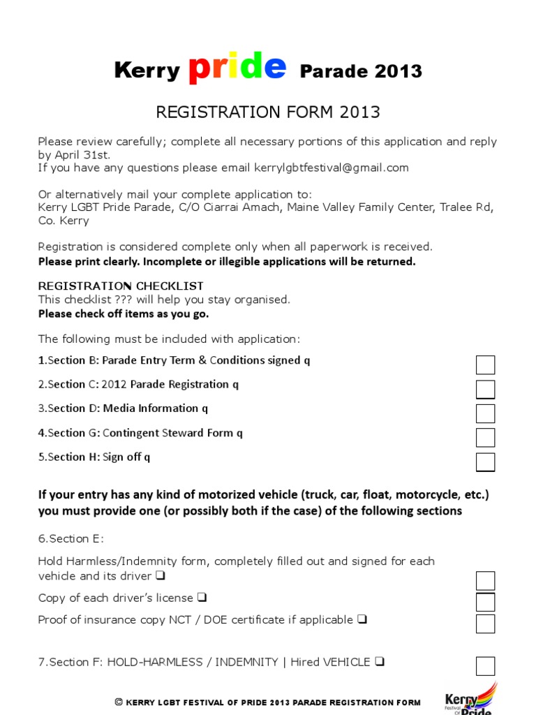 Kerry Pride Parade Registration Form | PDF | Indemnity | Insurance