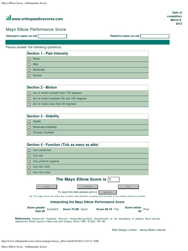Mayo Elbow Performance Score Guide | PDF