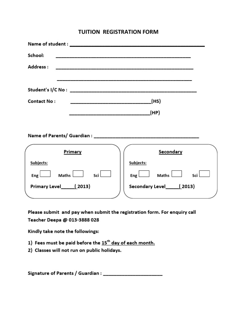 Tuition Registration Form 2013 | PDF