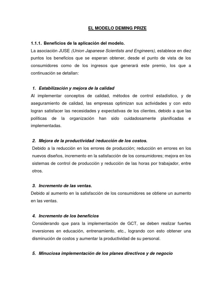 Beneficios del Modelo Deming Prize | PDF | Calidad (comercial ...