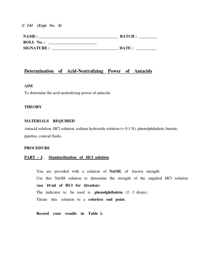 Determination of Acid-Neutralizing Power of Antacids | PDF ...