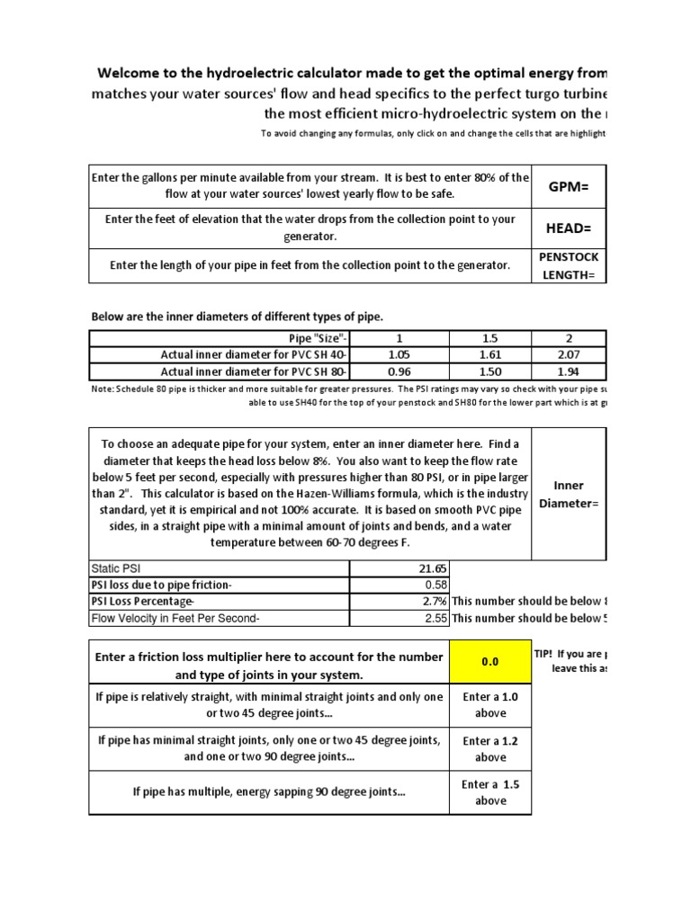 Rocky Hydro Calc | PDF | Hydroelectricity | Pipe (Fluid Conveyance)
