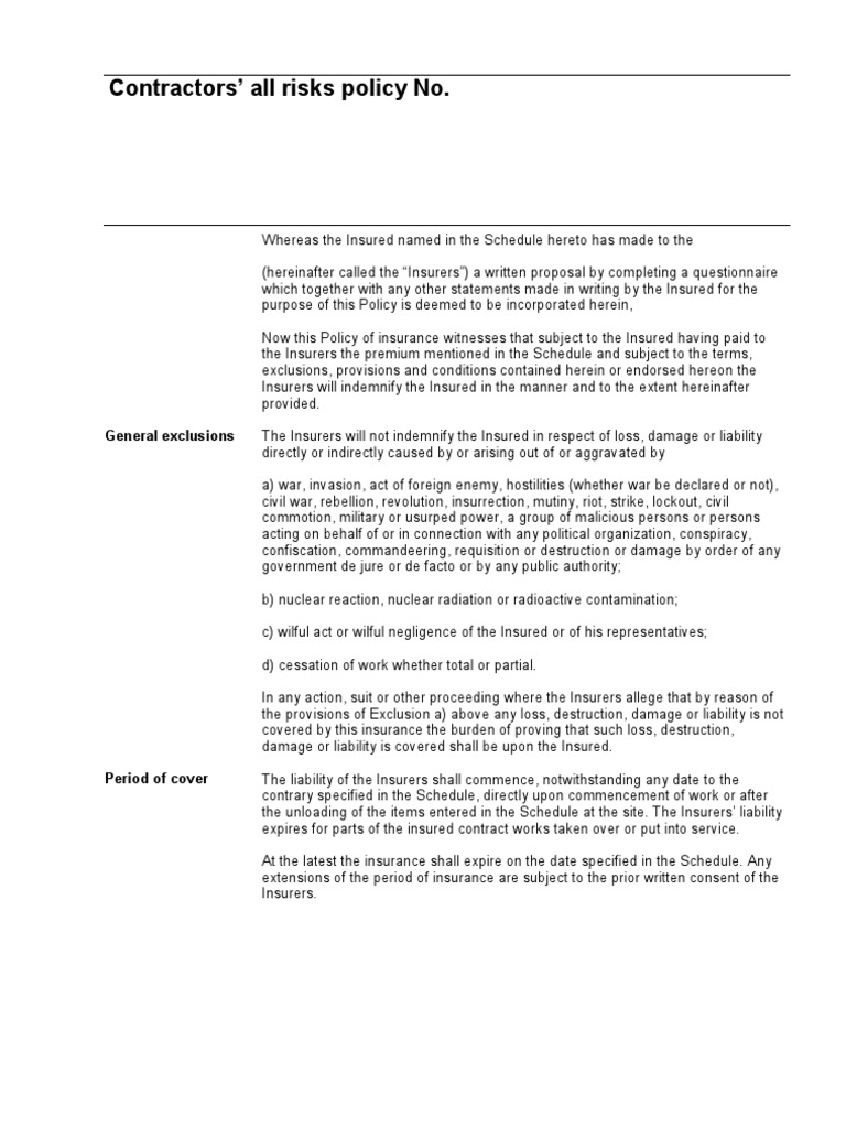 CAR - Munich Re | PDF | Deductible | Indemnity