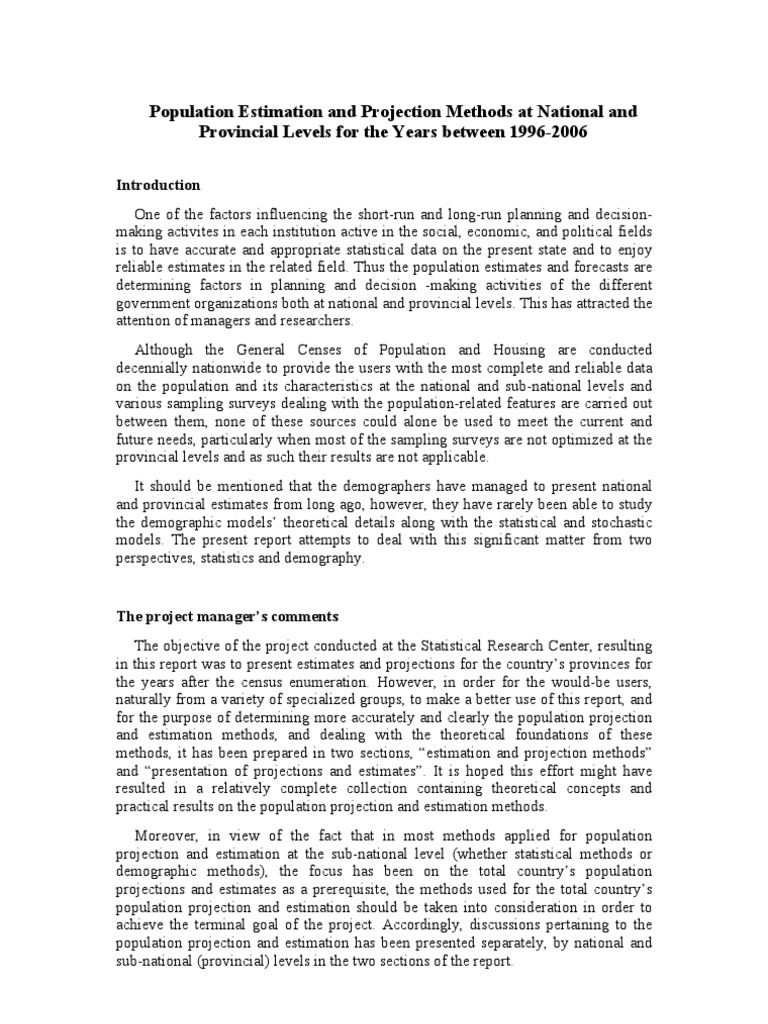 Population Estimation and Projection Methods at National and Provincial ...