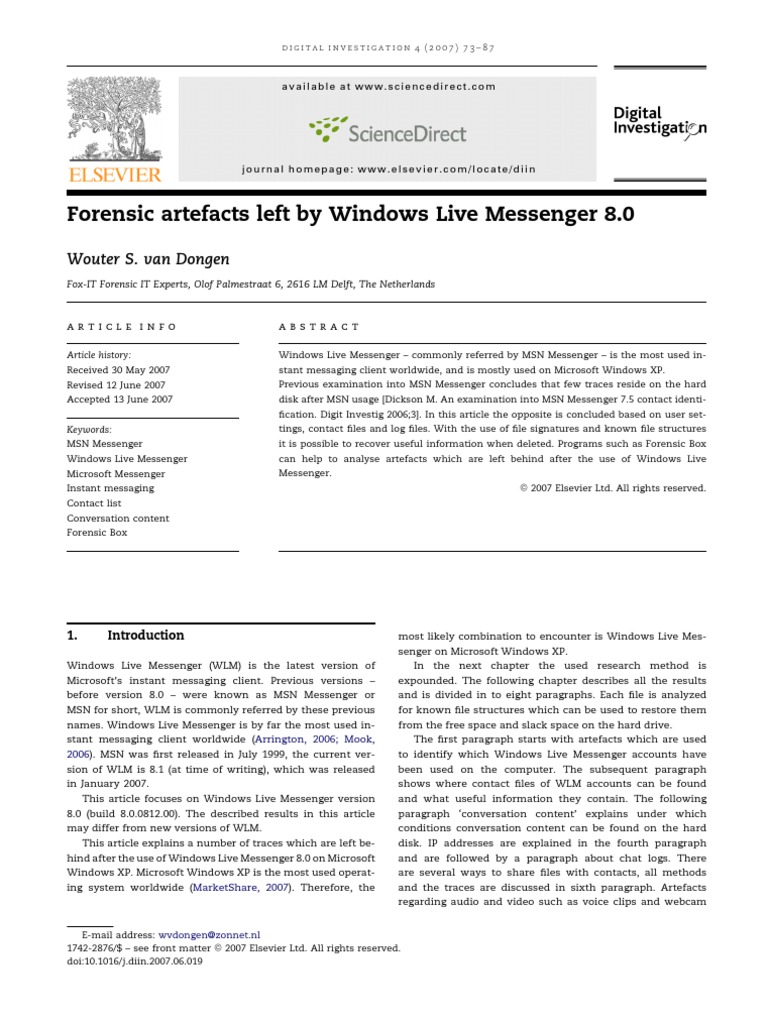 ARTICLE - Forensic Artefacts Left by Windows Live Messenger 8.0 | PDF ...