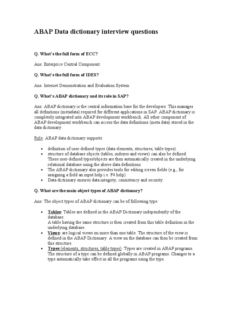 ABAP Data Dictionary Interview Questions | PDF | Databases | Data Type ABAP Data Dictionary Interview Questions | PDF | Databases | Data Type