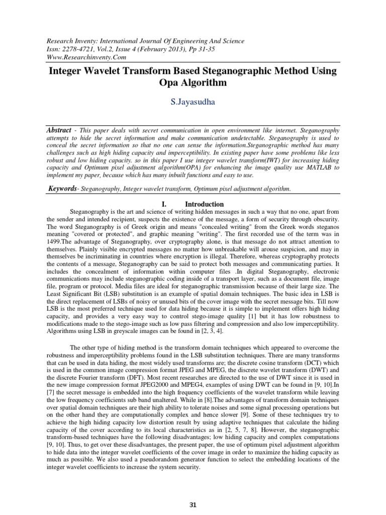 Integer Wavelet Transform Based Steganographic Method Using Opa Algorithm | PDF | Wavelet | Matlab