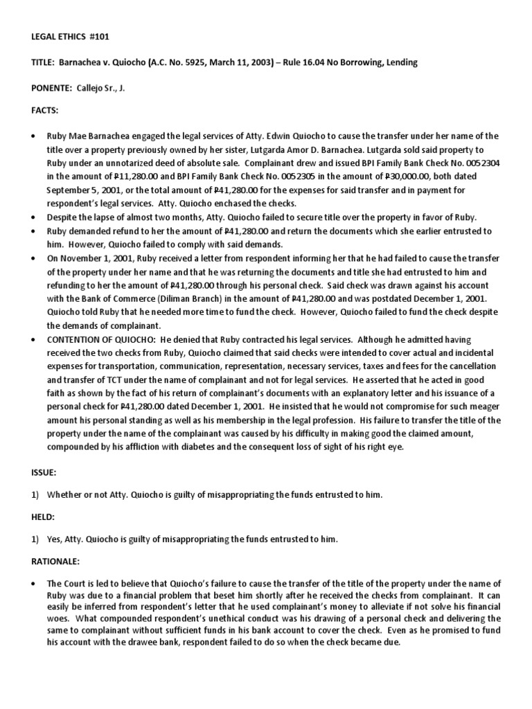 Barnachea v. Quiocho | Download Free PDF | Cheque | Lawyer
