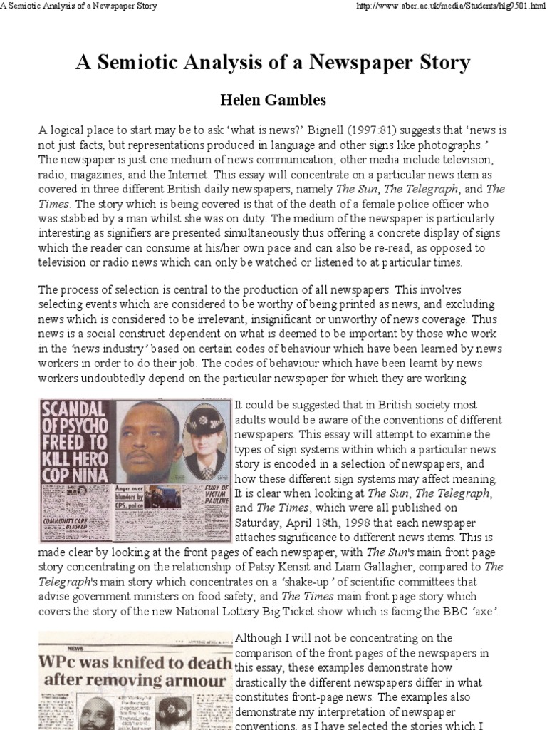 Semiotic Analysis of Newspaper Stories | PDF | Representation (Arts) | News