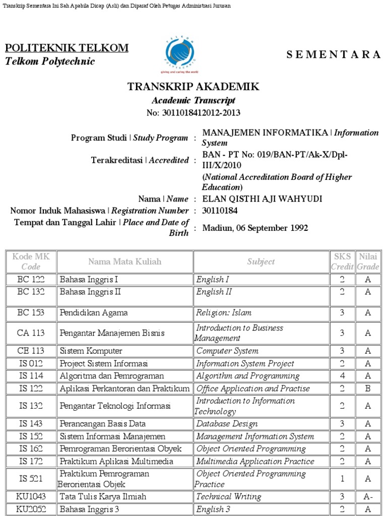 Transkrip Nilai Sementara Mahasiswa | PDF