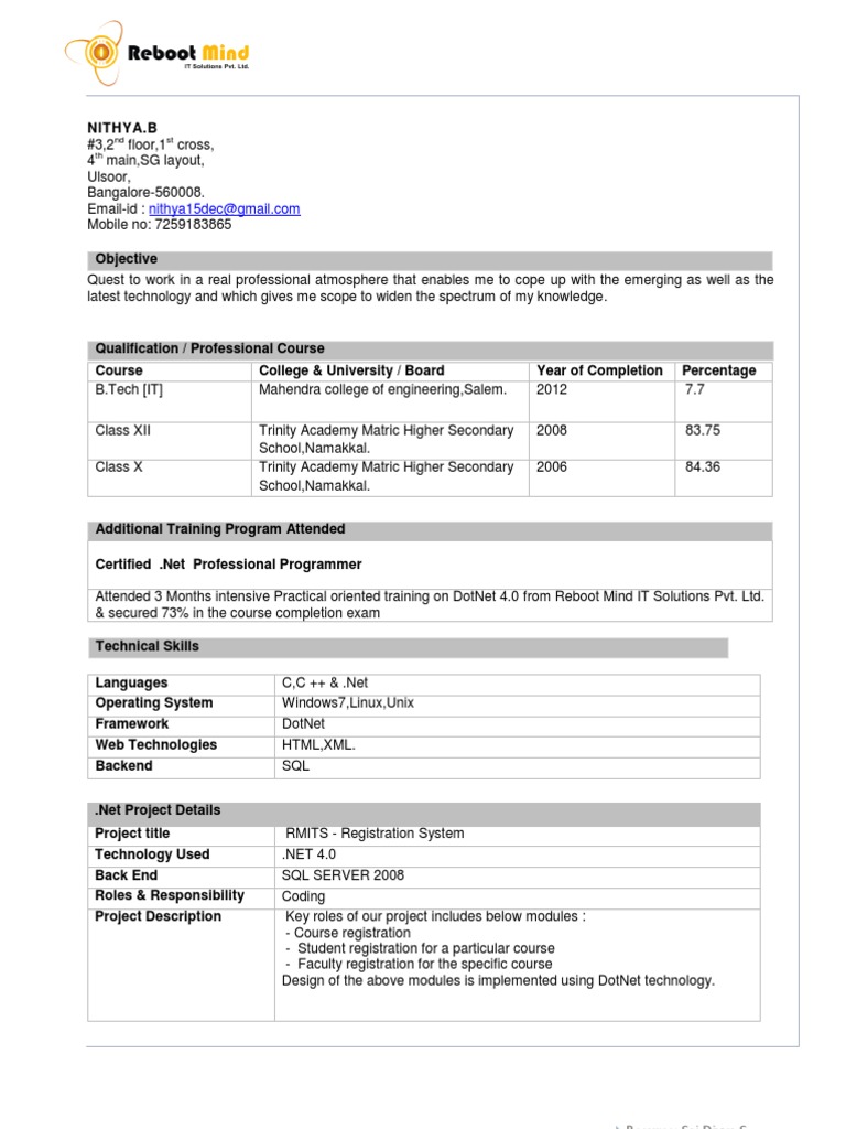 Nithya Resume | PDF | Résumé | Computer Programming
